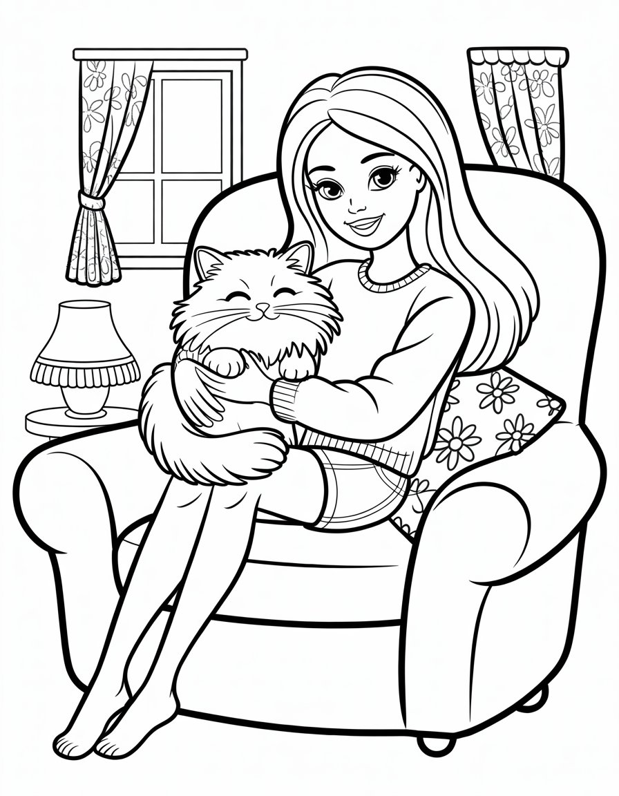 Barbie With Cat Coloring Pages